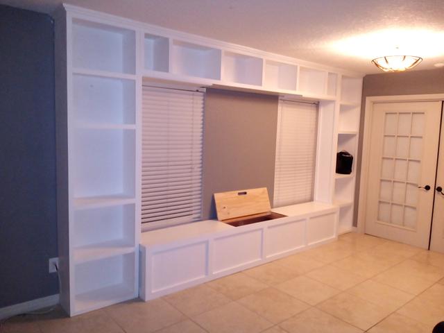 Full Wall Shelving with Storage Bench and Bridge of Cabients ...
